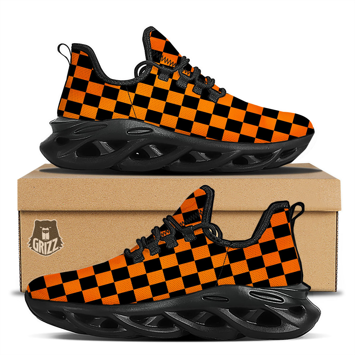 Checkered Black And Orange Print Pattern Black Running Shoes