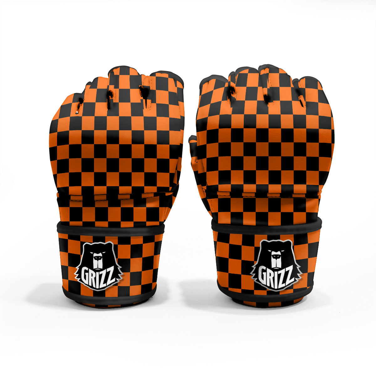 Checkered Black And Orange Print Pattern MMA Gloves