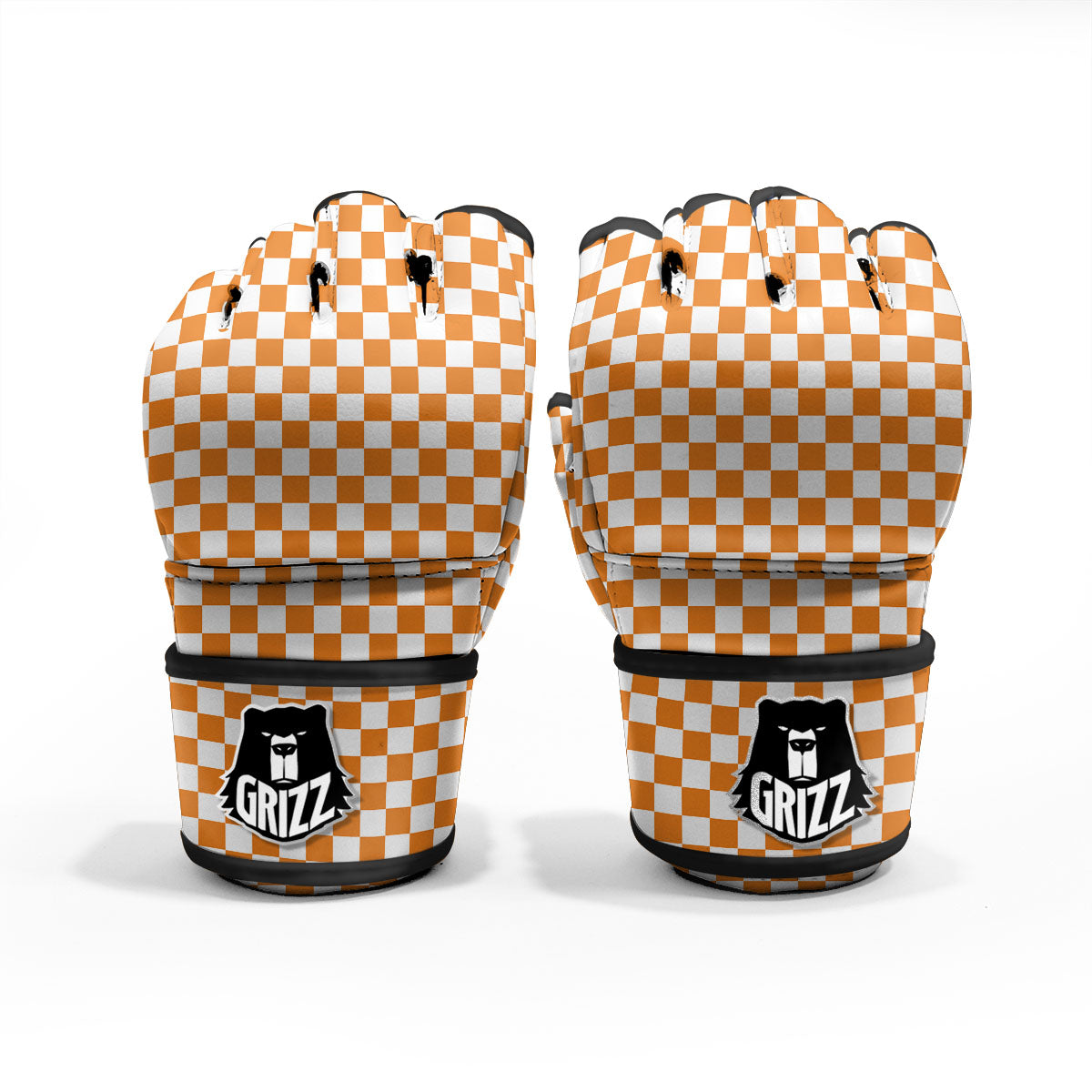 Checkered White And Orange Print Pattern MMA Gloves