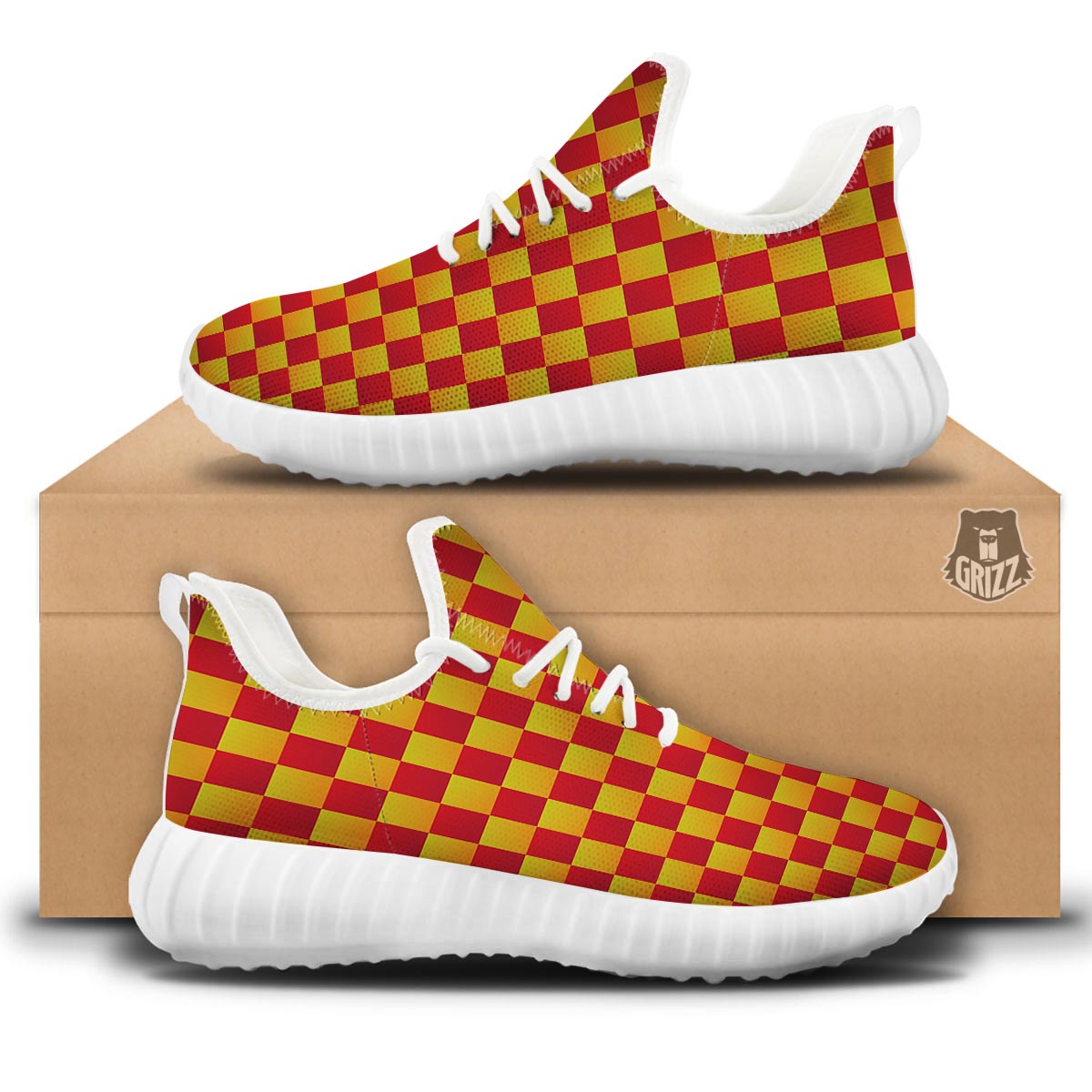 Checkered Yellow And Red Print Pattern White Walking Shoes