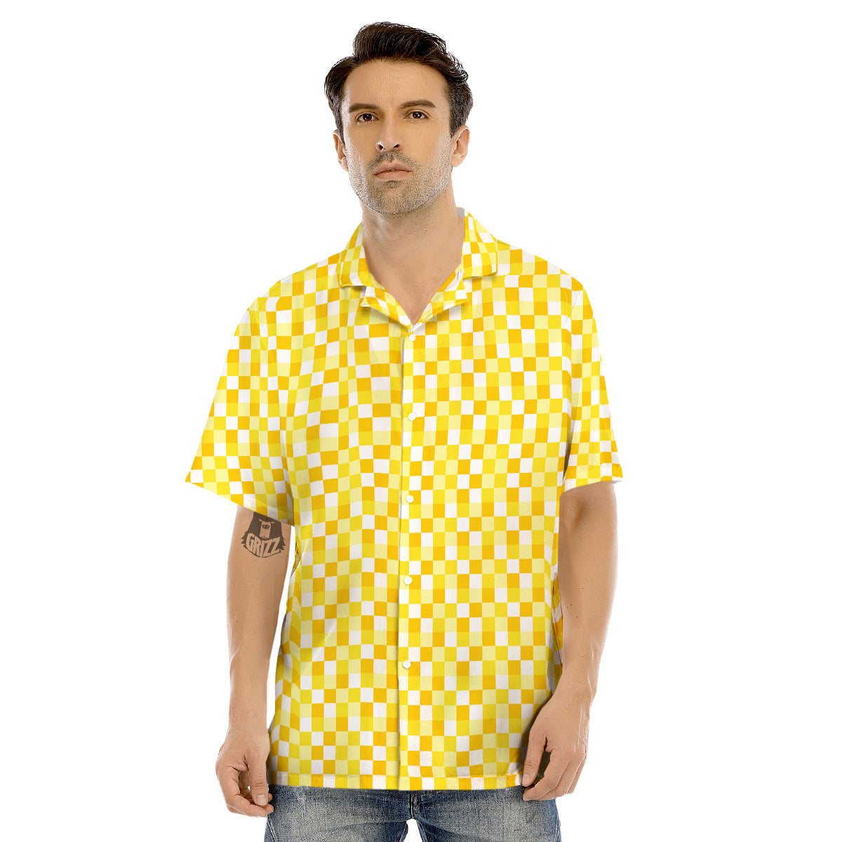 Checkered Yellow And White Print Pattern Men's Hawaiian Shirt