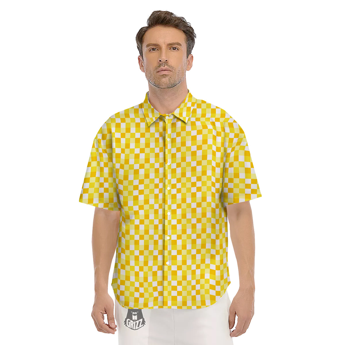 Checkered Yellow And White Print Pattern Men's Short Sleeve Shirts