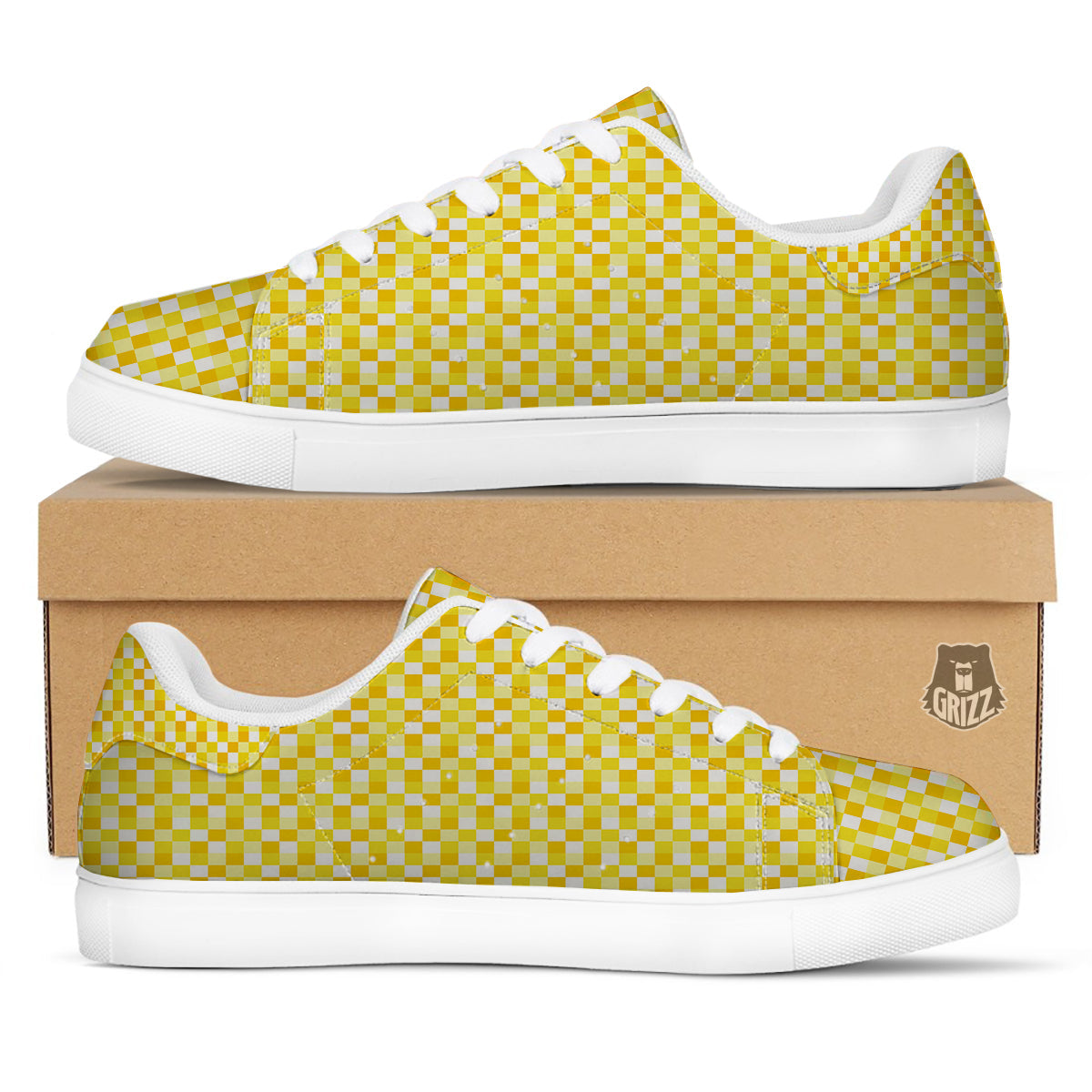 Checkered Yellow And White Print Pattern White Low Top Sneakers