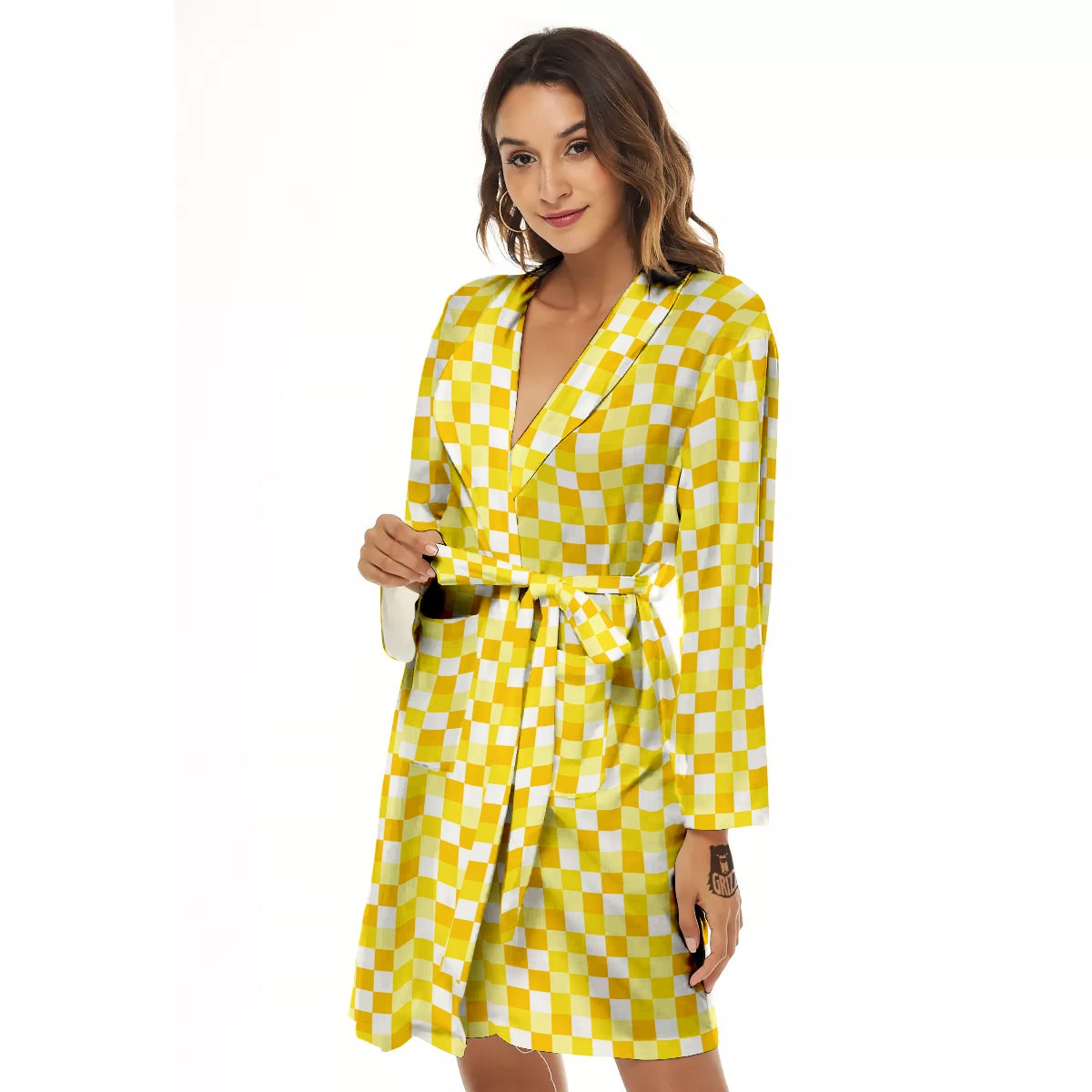 Checkered Yellow And White Print Pattern Women's Robe