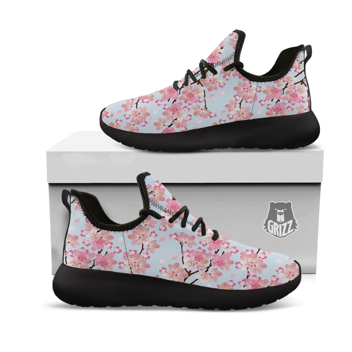 Cherry Blossom Tree Japanese Print Pattern Black Athletic Shoes