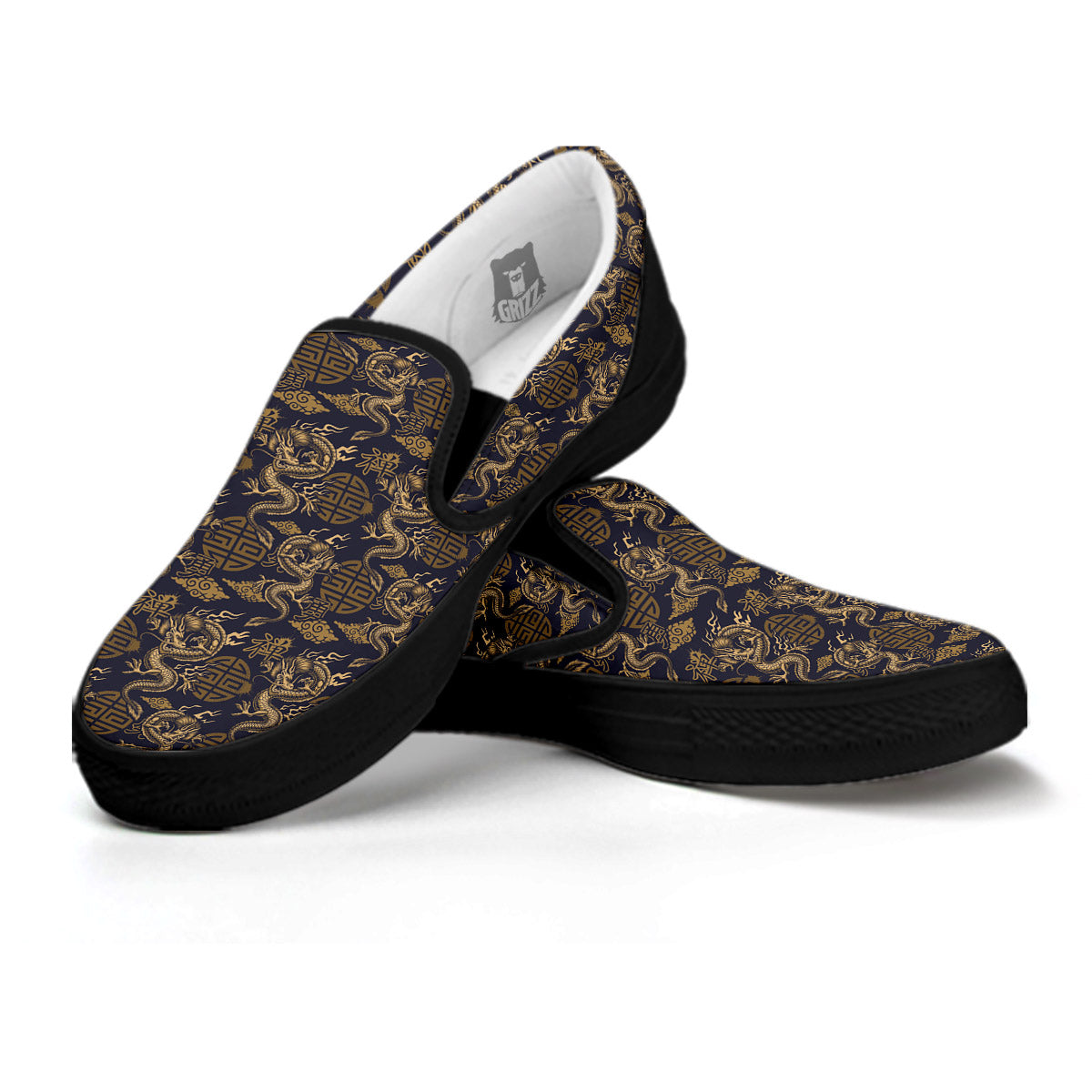 Chinese Dragon Print Pattern Black Slip On Shoes