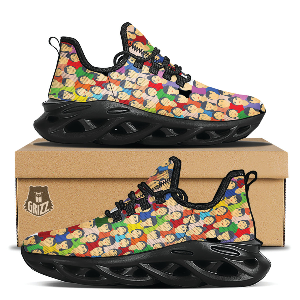 Chinese People Colorful Print Pattern Black Running Shoes