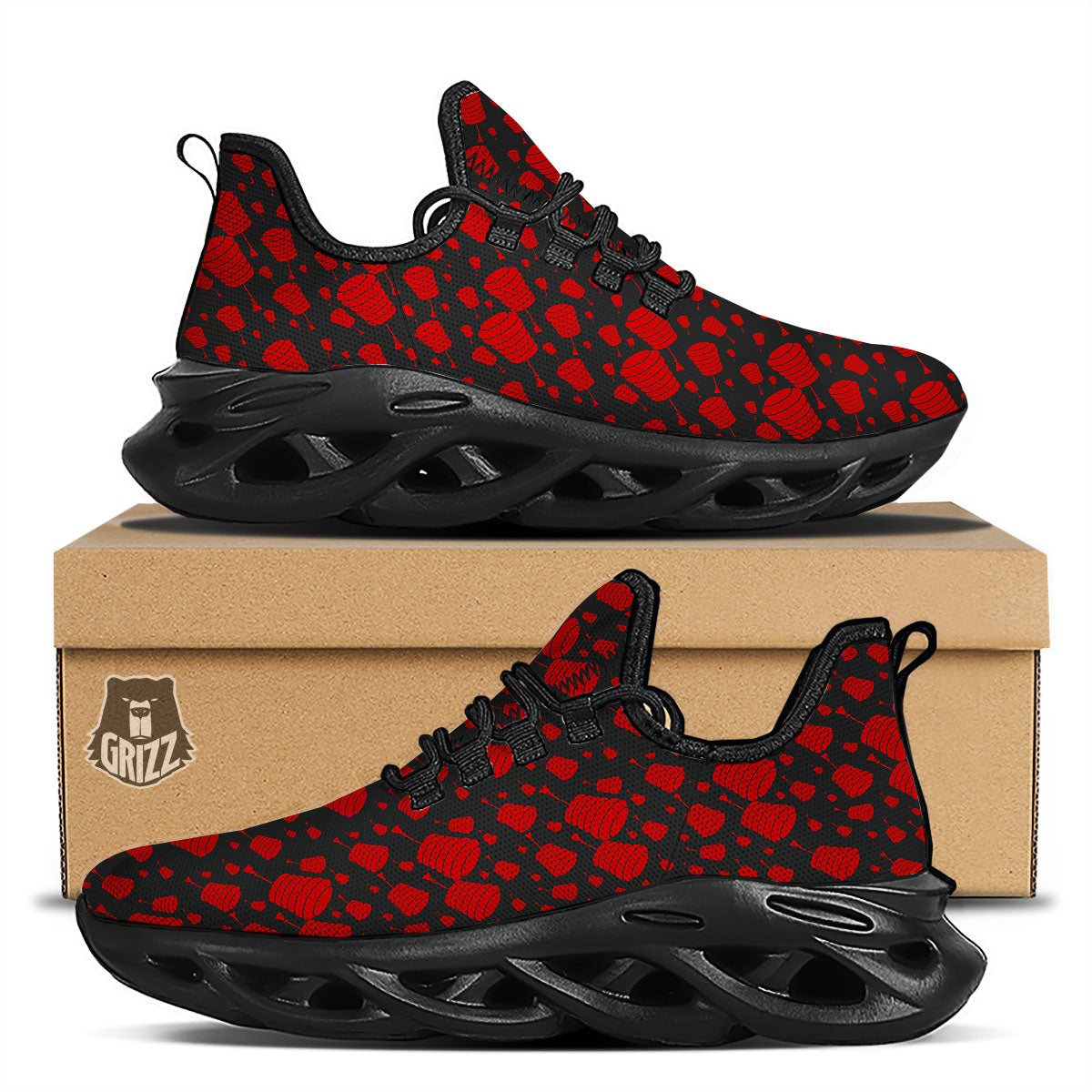 Chinese Red And Black Print Pattern Black Running Shoes