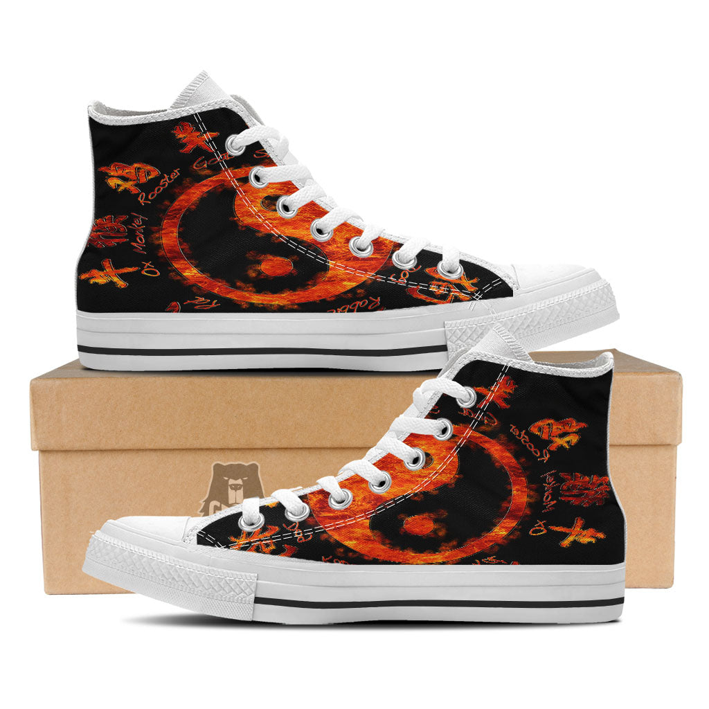 Chinese Zodiac Fire Yin Yang Print White High Top Shoes