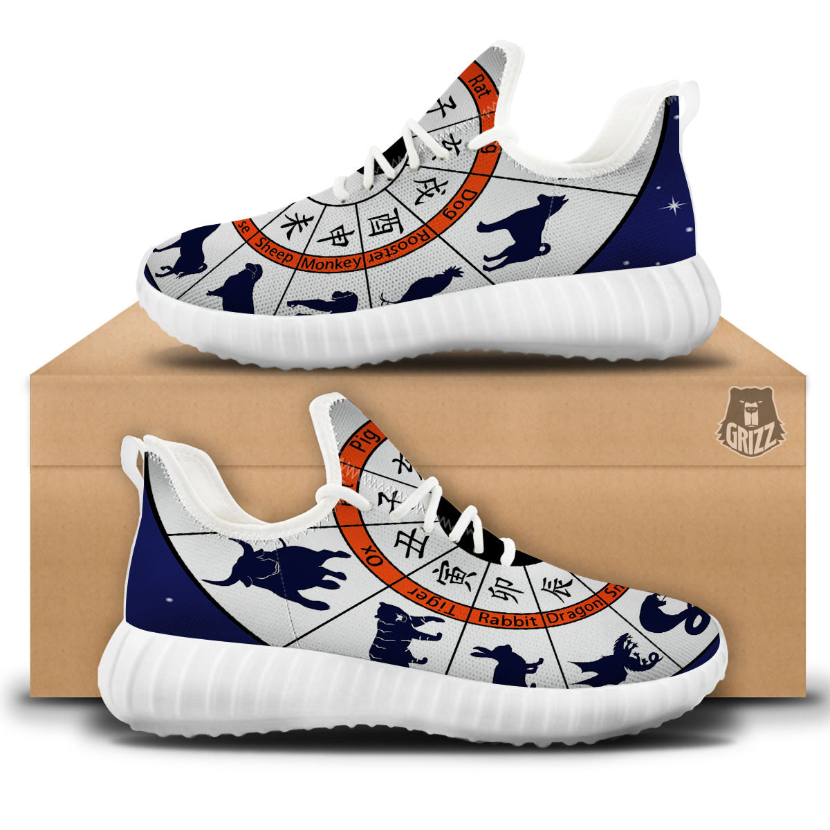 Chinese Zodiac Signs Yin Yang Print White Walking Shoes