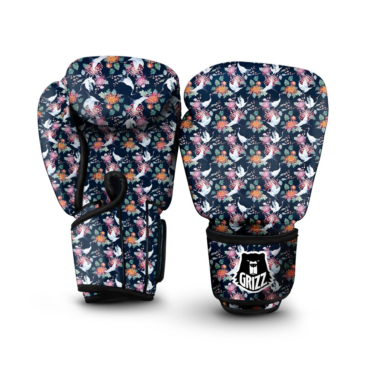 Chrysanthemums And Japanese Cranes Print Boxing Gloves