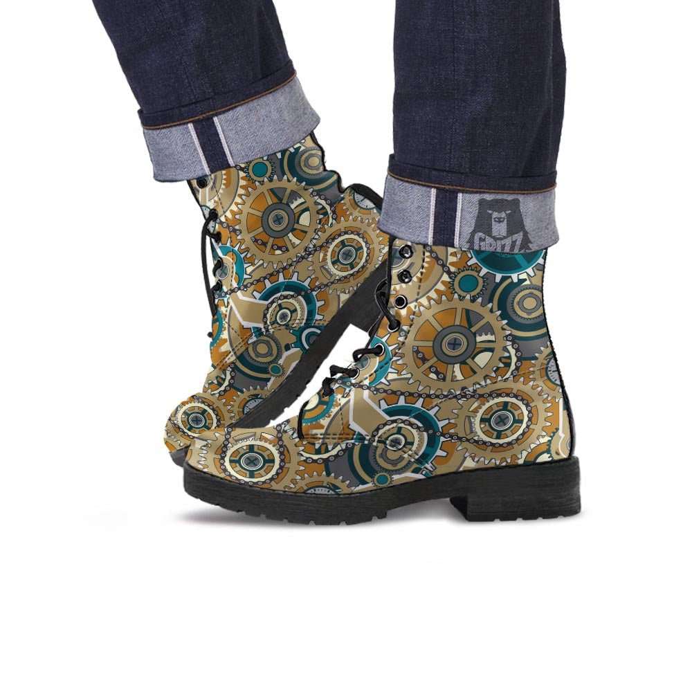 Cogwheels Steampunk Print Leather Boots