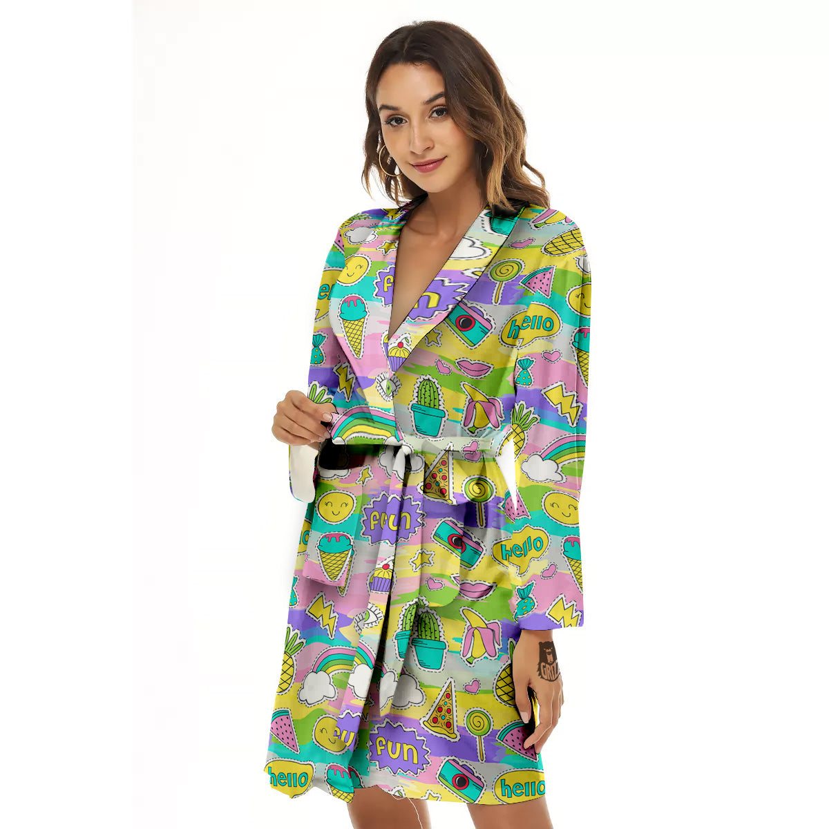 Colorful And Cute Stickers Print Pattern Women's Robe
