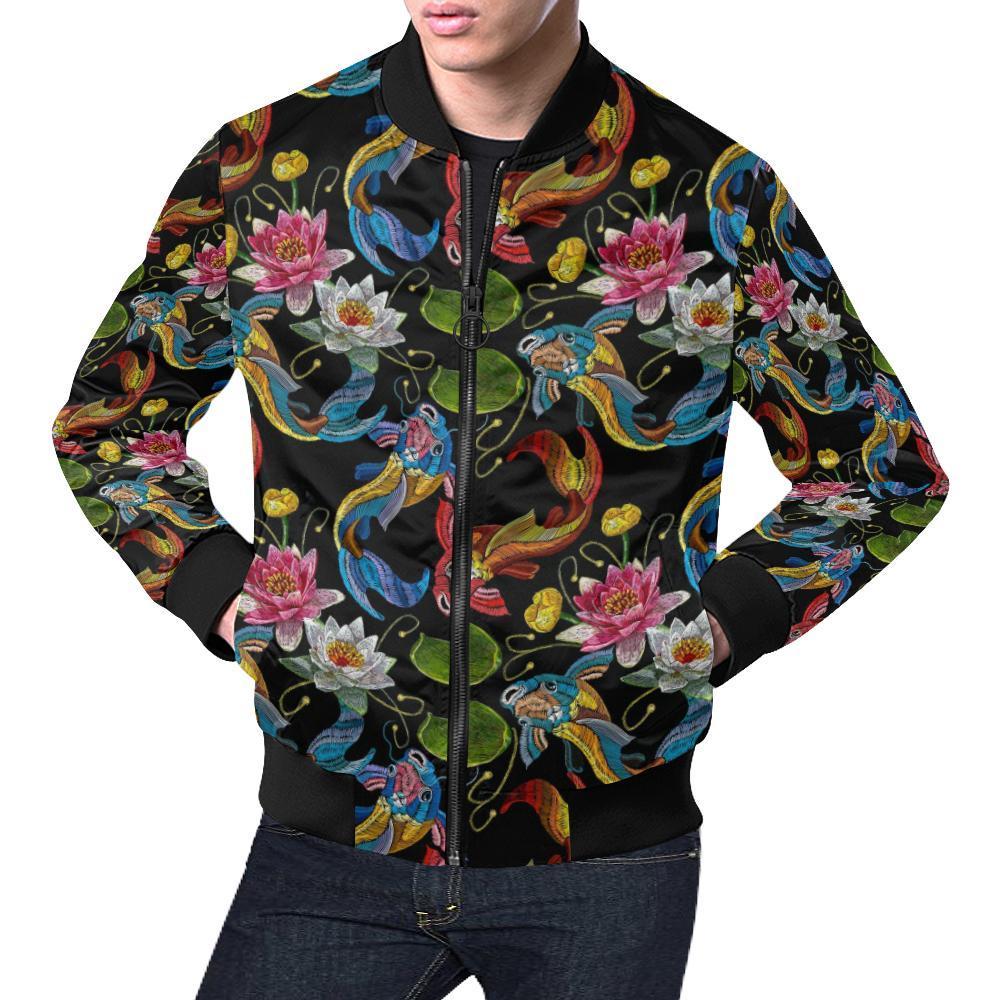 Crochet Koi Fish Lotus Pattern Print Men's Bomber Jacket