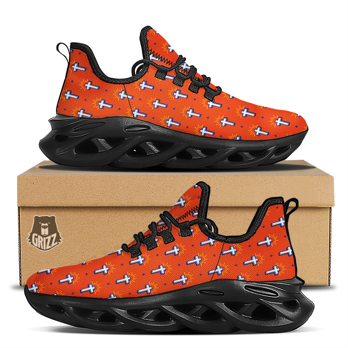 Cross Of Jesus Christ Orange Print Pattern Black Running Shoes