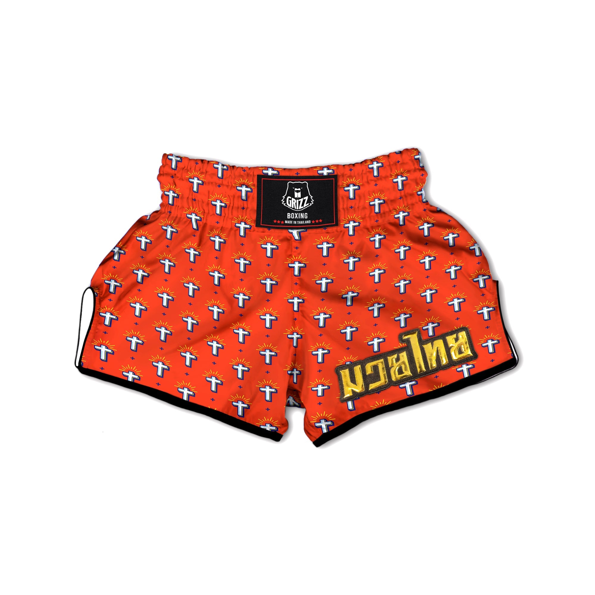 Cross Of Jesus Christ Orange Print Pattern Muay Thai Boxing Shorts