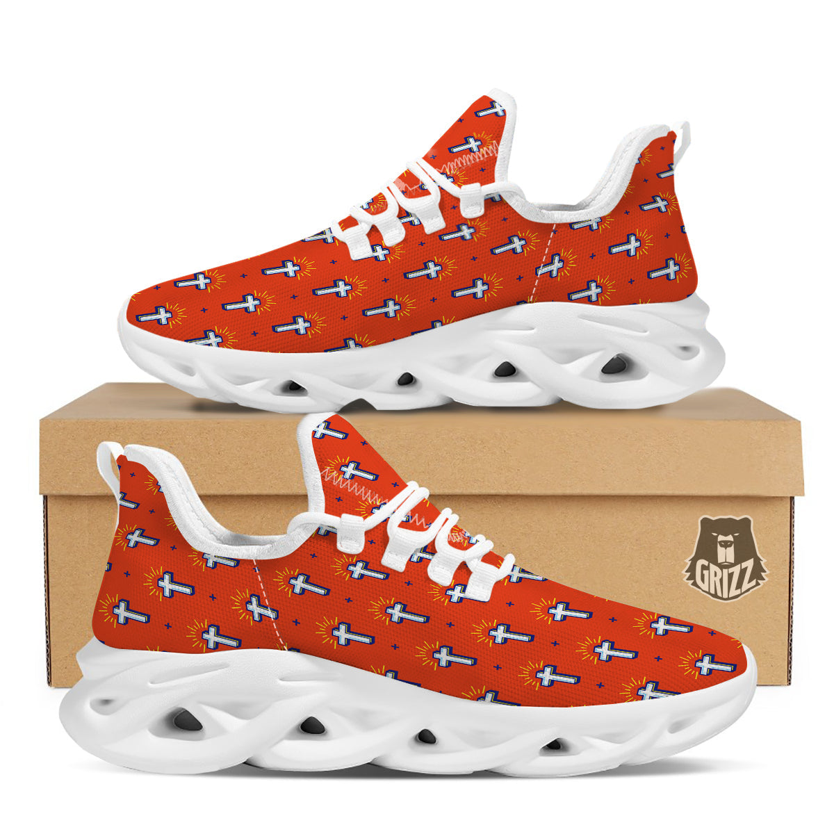Cross Of Jesus Christ Orange Print Pattern White Running Shoes