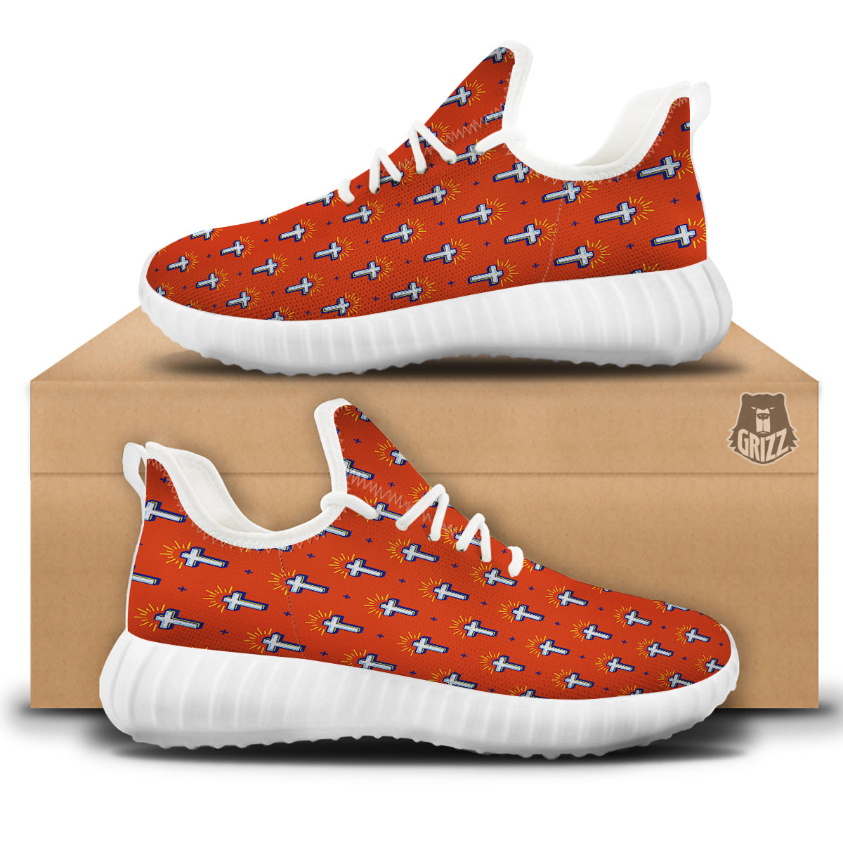 Cross Of Jesus Christ Orange Print Pattern White Walking Shoes