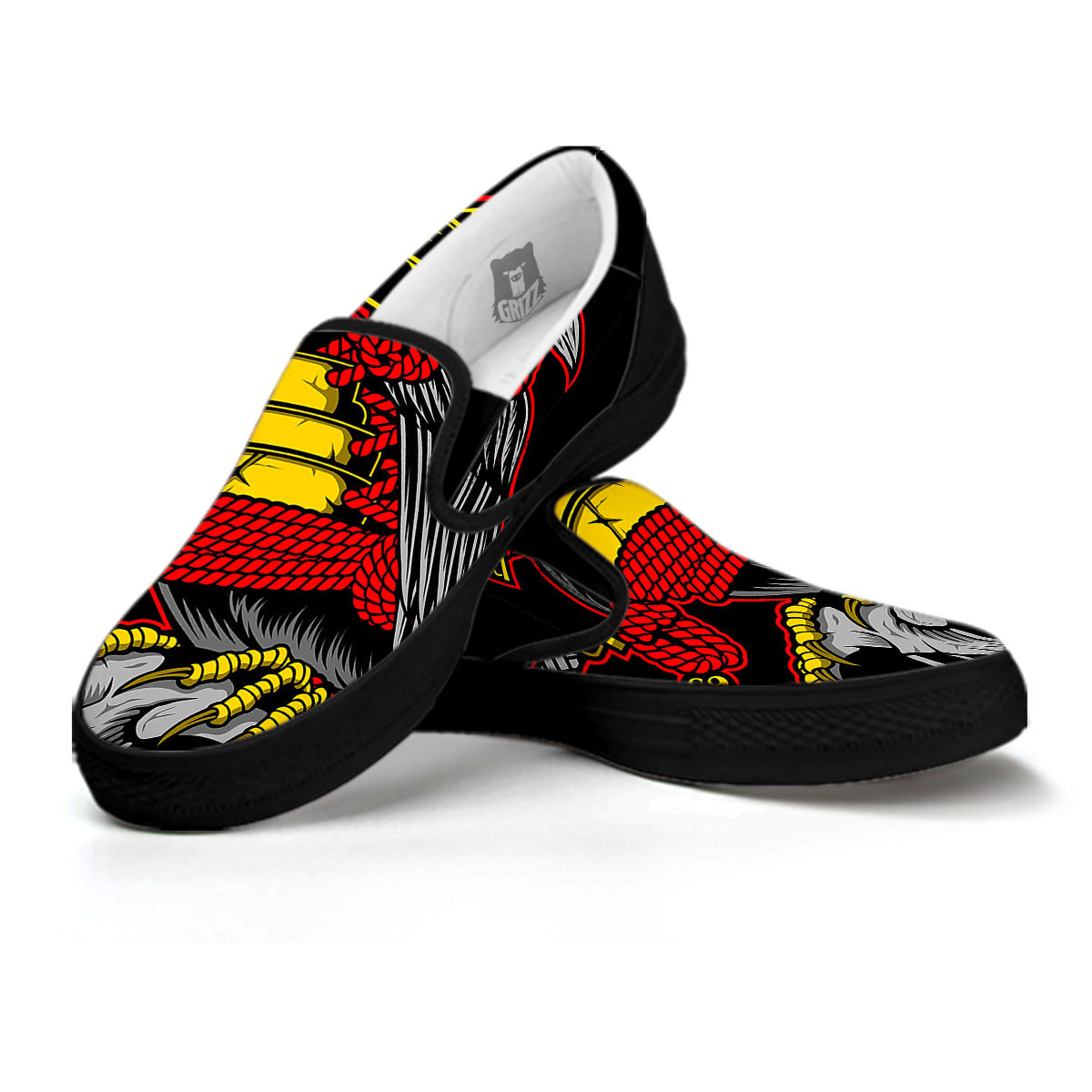 Crow And Samurai Print Black Slip On Shoes