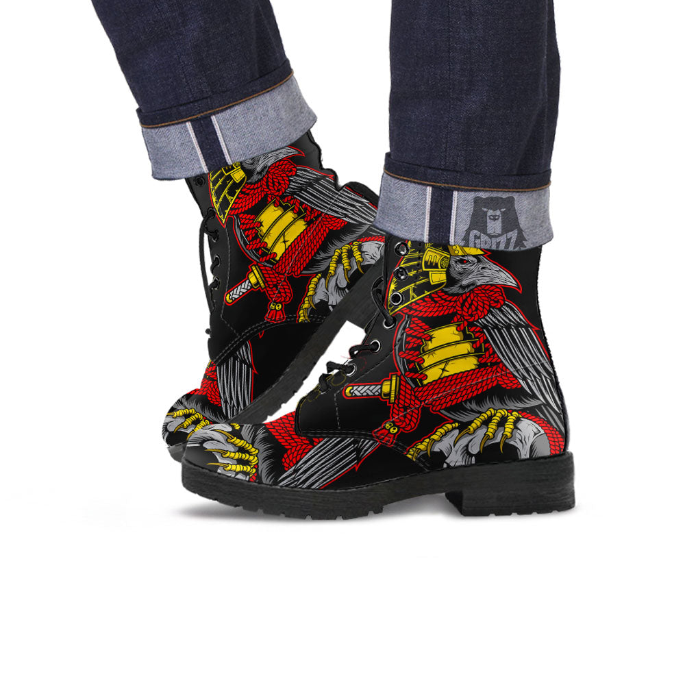 Crow And Samurai Print Leather Boots