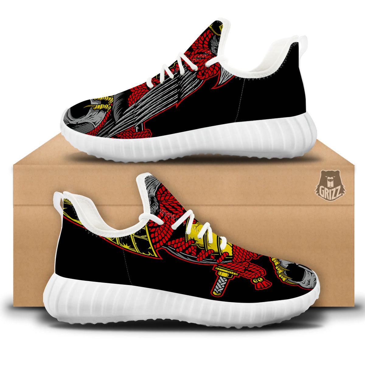 Crow And Samurai Print White Walking Shoes
