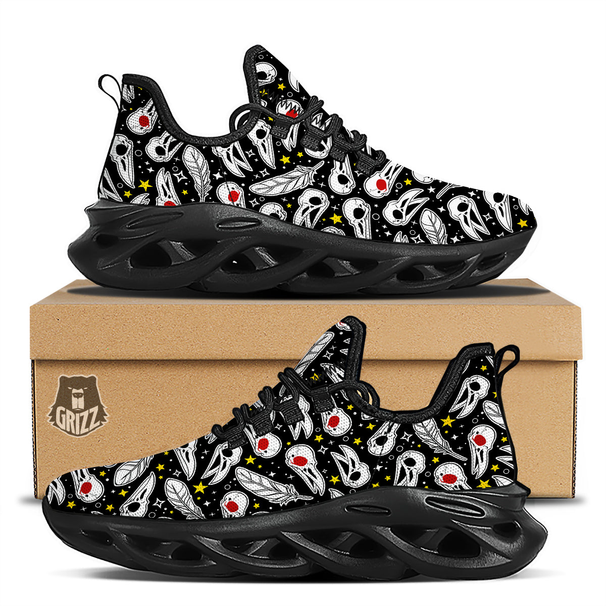 Crow Skull And Feathers Print Pattern Black Running Shoes