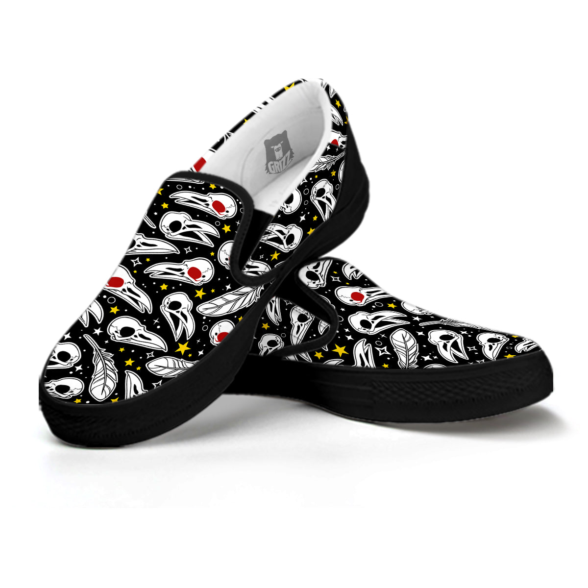 Crow Skull And Feathers Print Pattern Black Slip On Shoes