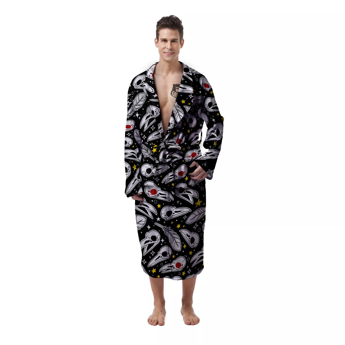 Crow Skull And Feathers Print Pattern Men's Robe
