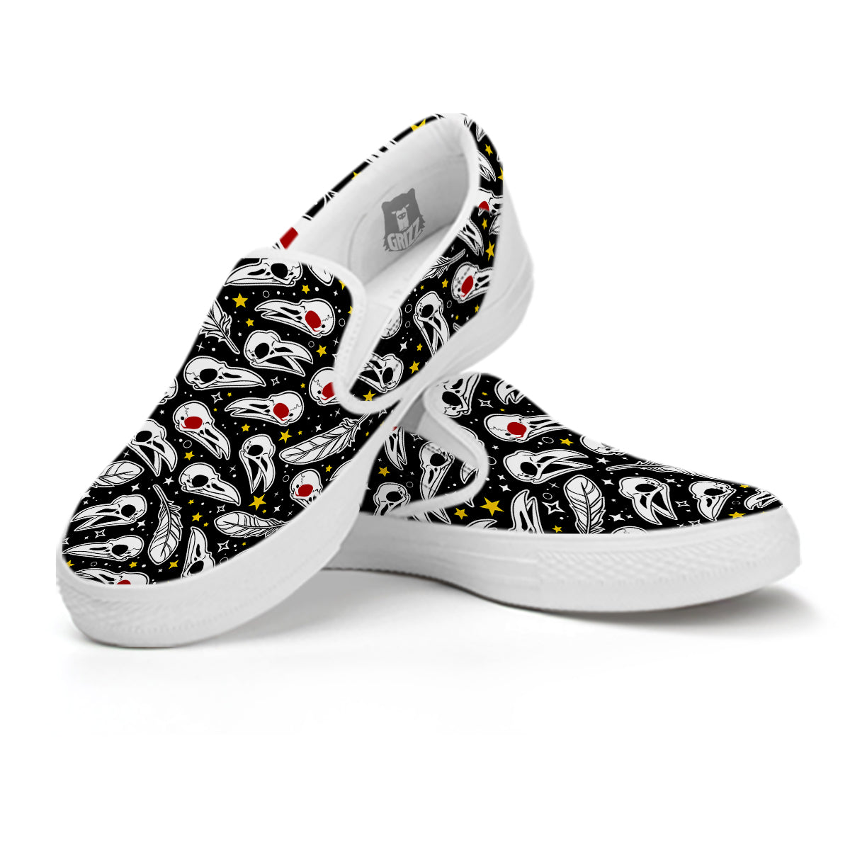 Crow Skull And Feathers Print Pattern White Slip On Shoes