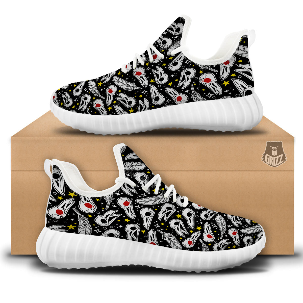 Crow Skull And Feathers Print Pattern White Walking Shoes
