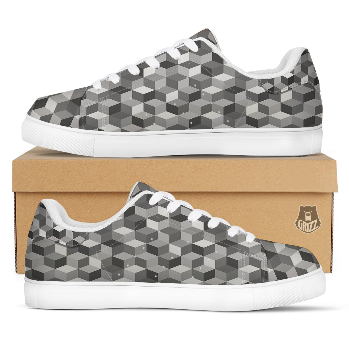Cube Geometric Shape White Print Pattern White Low Top Sneakers