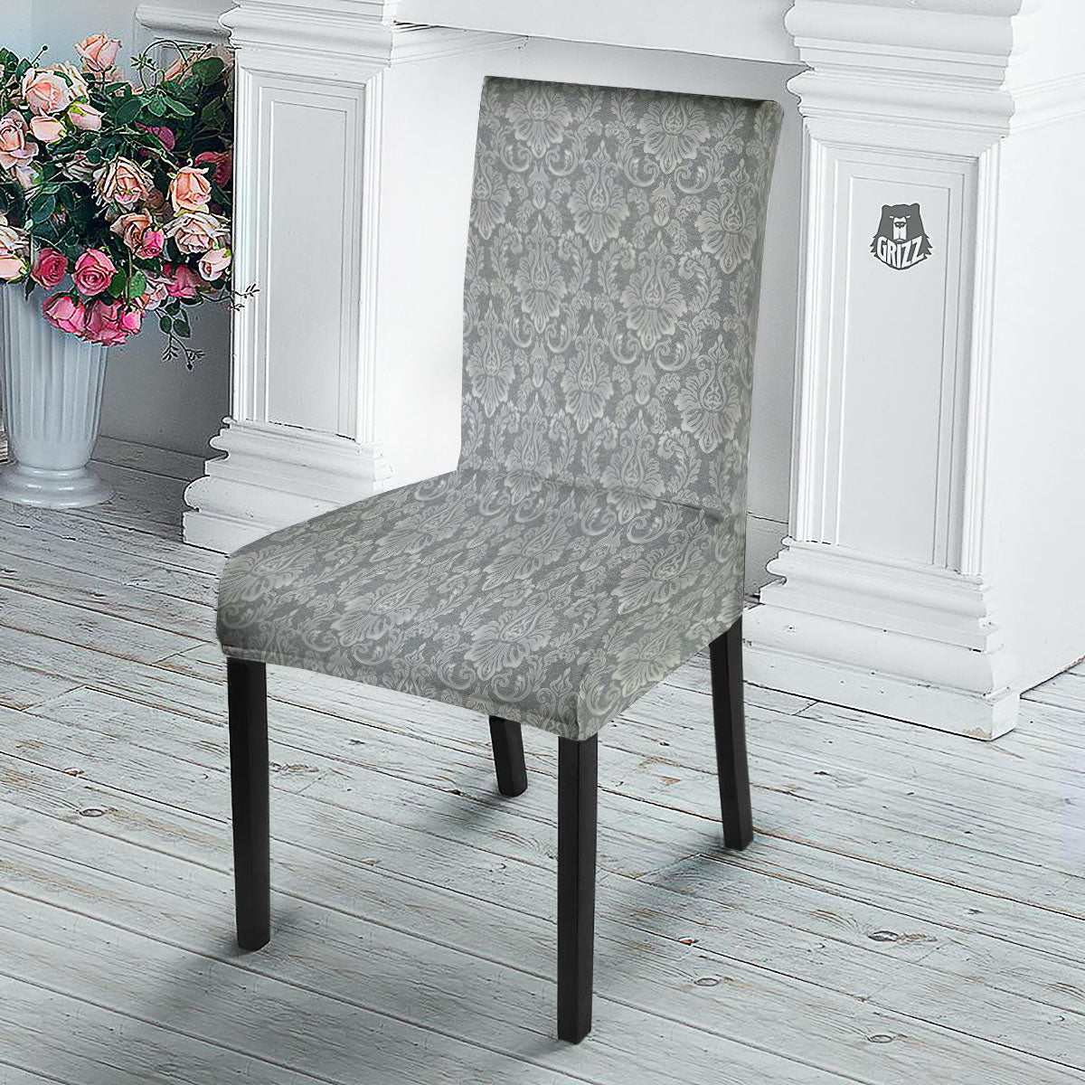 Damask Grey Print Pattern Dining Chair Slipcover