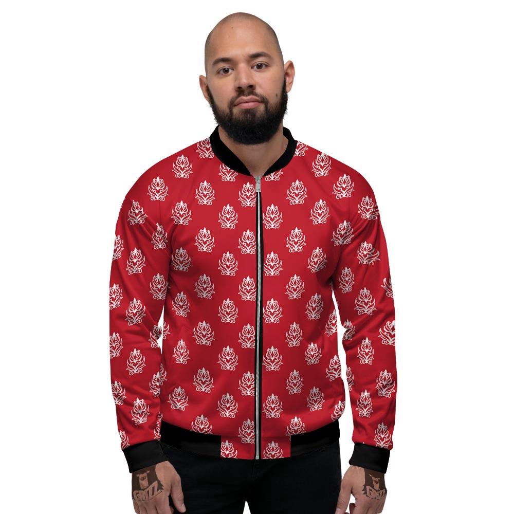 Damask White And Red Print Pattern Men's Bomber Jacket
