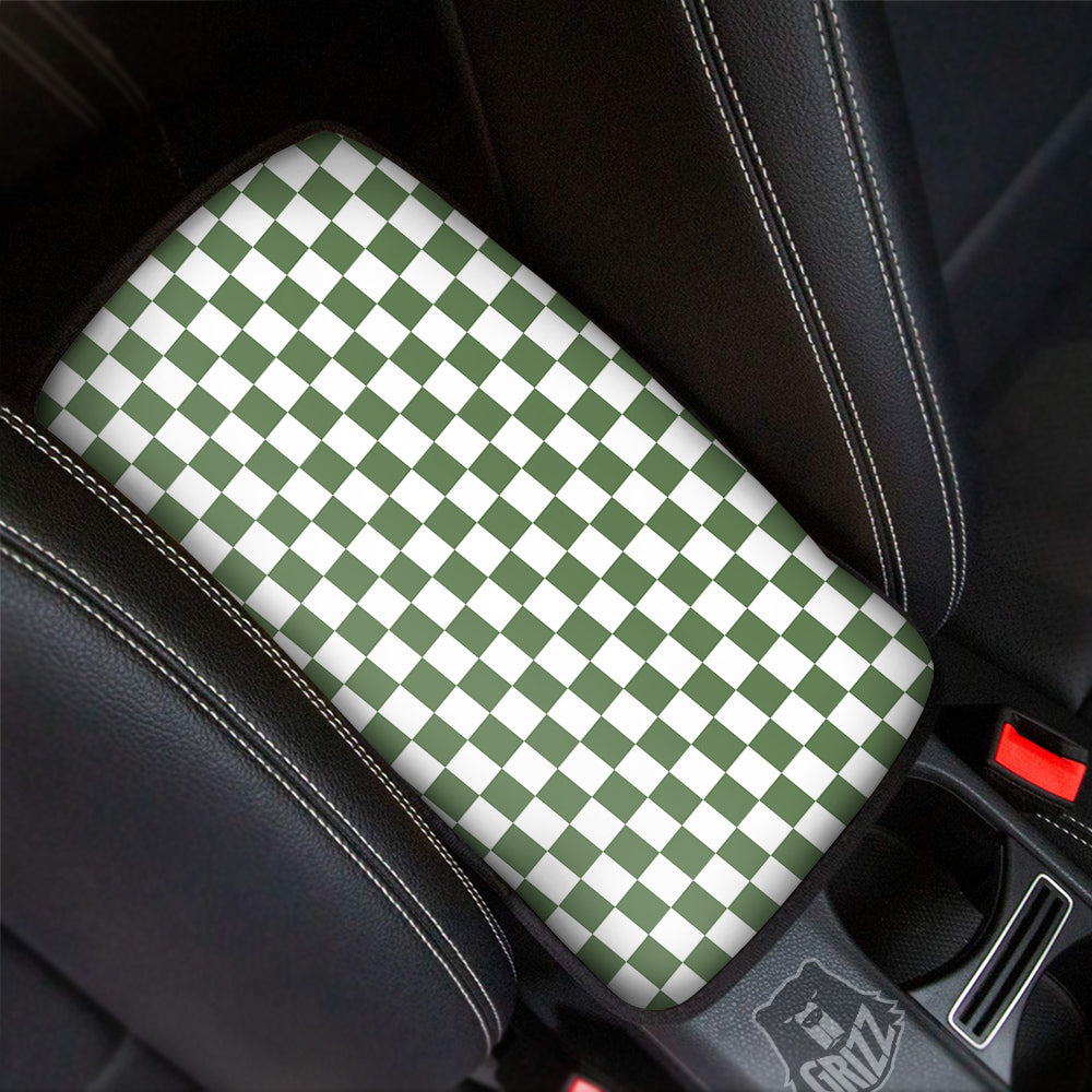 Dark Green Checkered Flag Print Car Center Console Cover