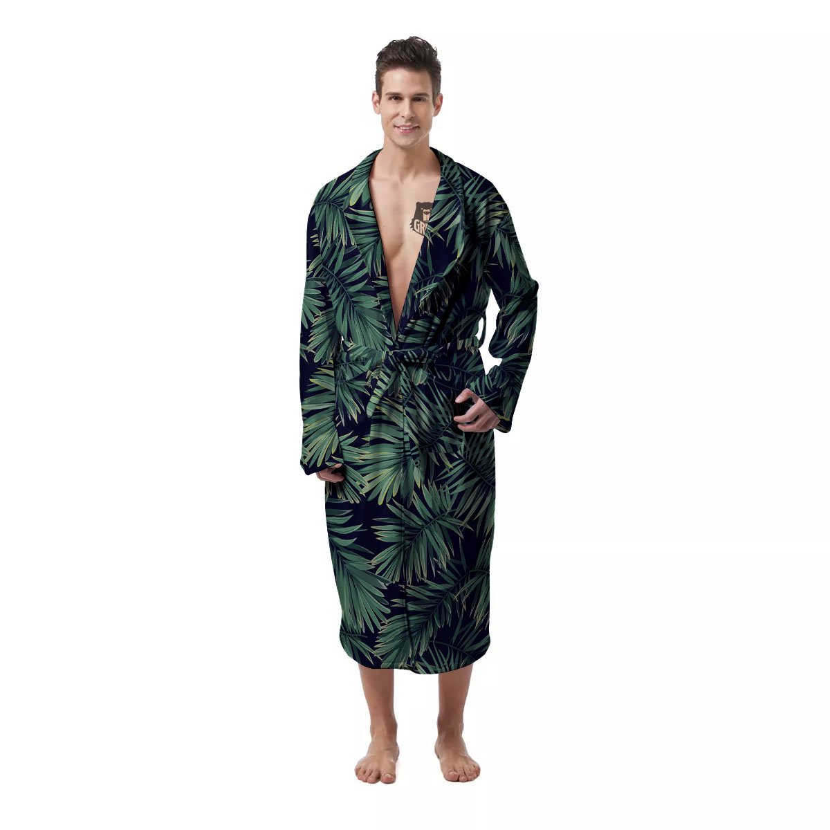 Dark Green Palm Tree Print Pattern Men's Robe