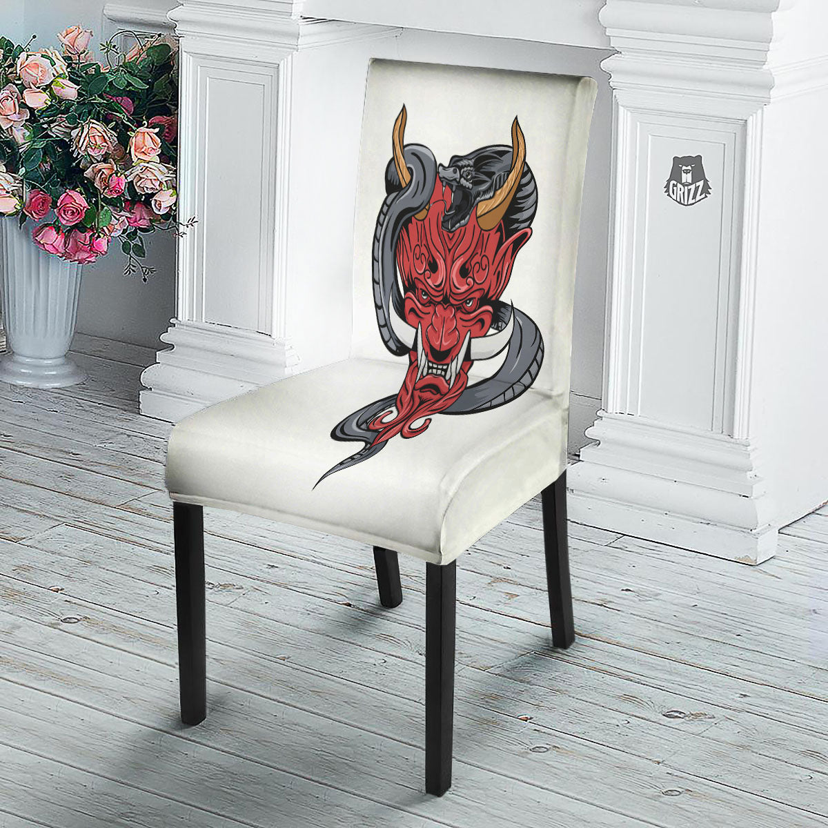 Demon With Snake Japanese Oni Print Dining Chair Slipcover