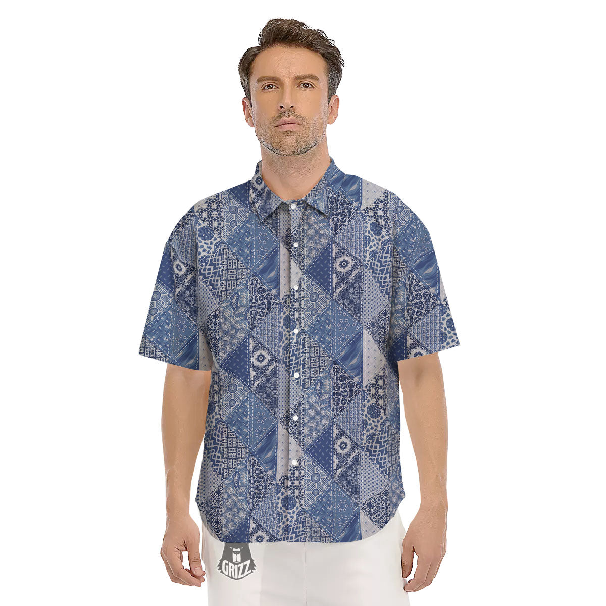 Denim Jeans Patchwork Print Pattern Men's Short Sleeve Shirts