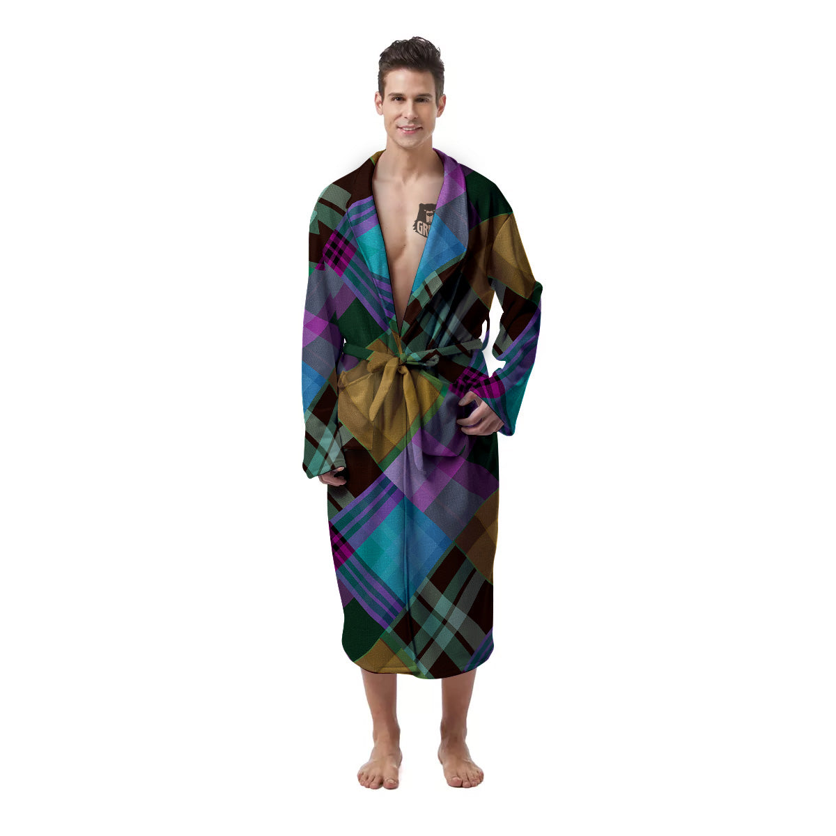 Diagonal Madras Blue Tartan Plaid Print Pattern Men's Robe
