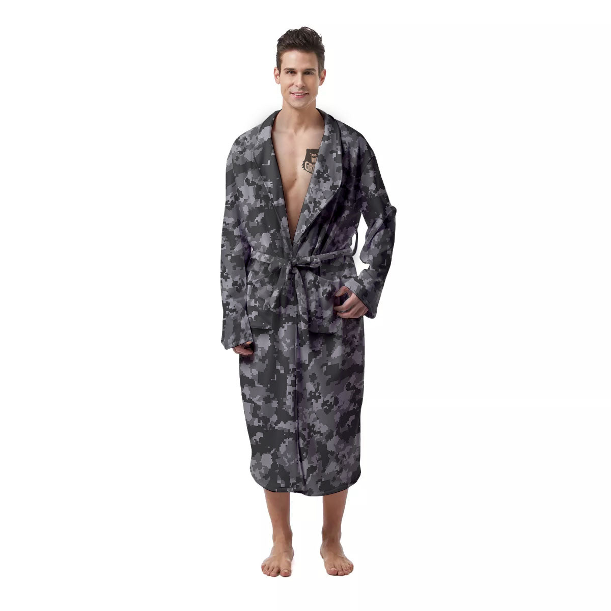 Digital Camo Grey Print Pattern Men's Robe