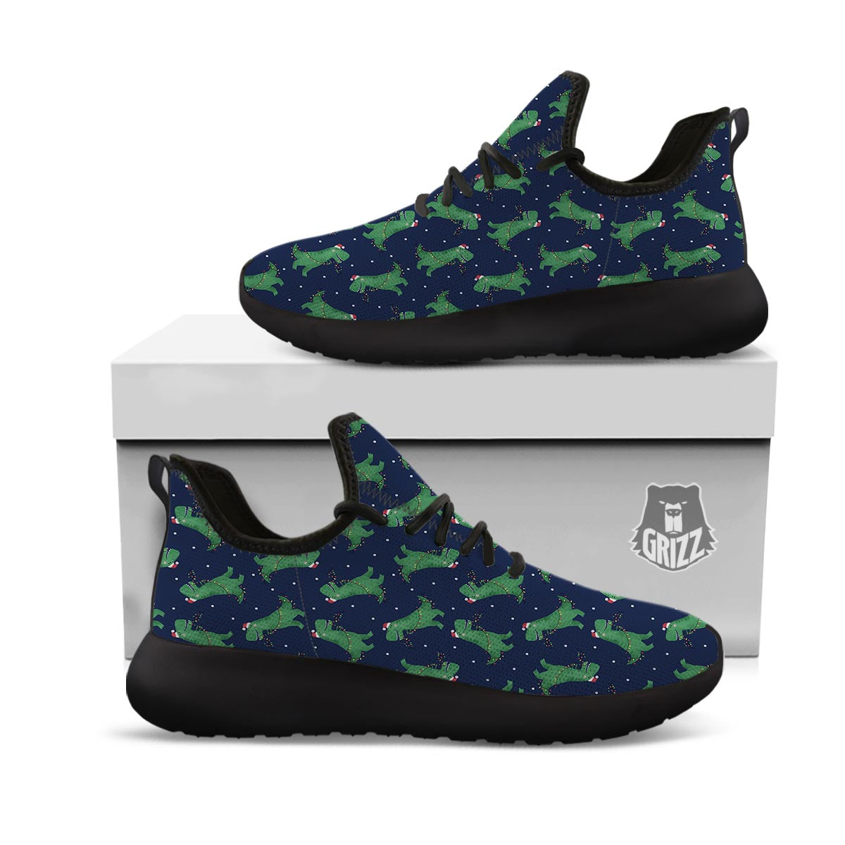 Dino T-Rex Christmas Santa Claus Print Pattern Black Athletic Shoes
