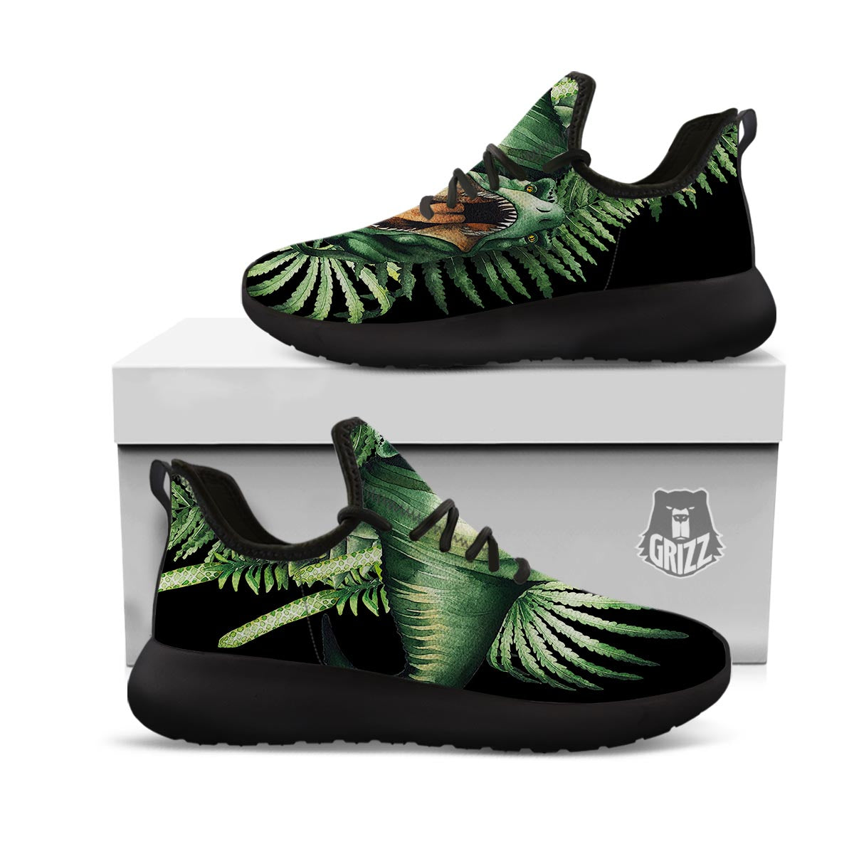 Dinosaur T Rex And Jurassic Plants Print Black Athletic Shoes