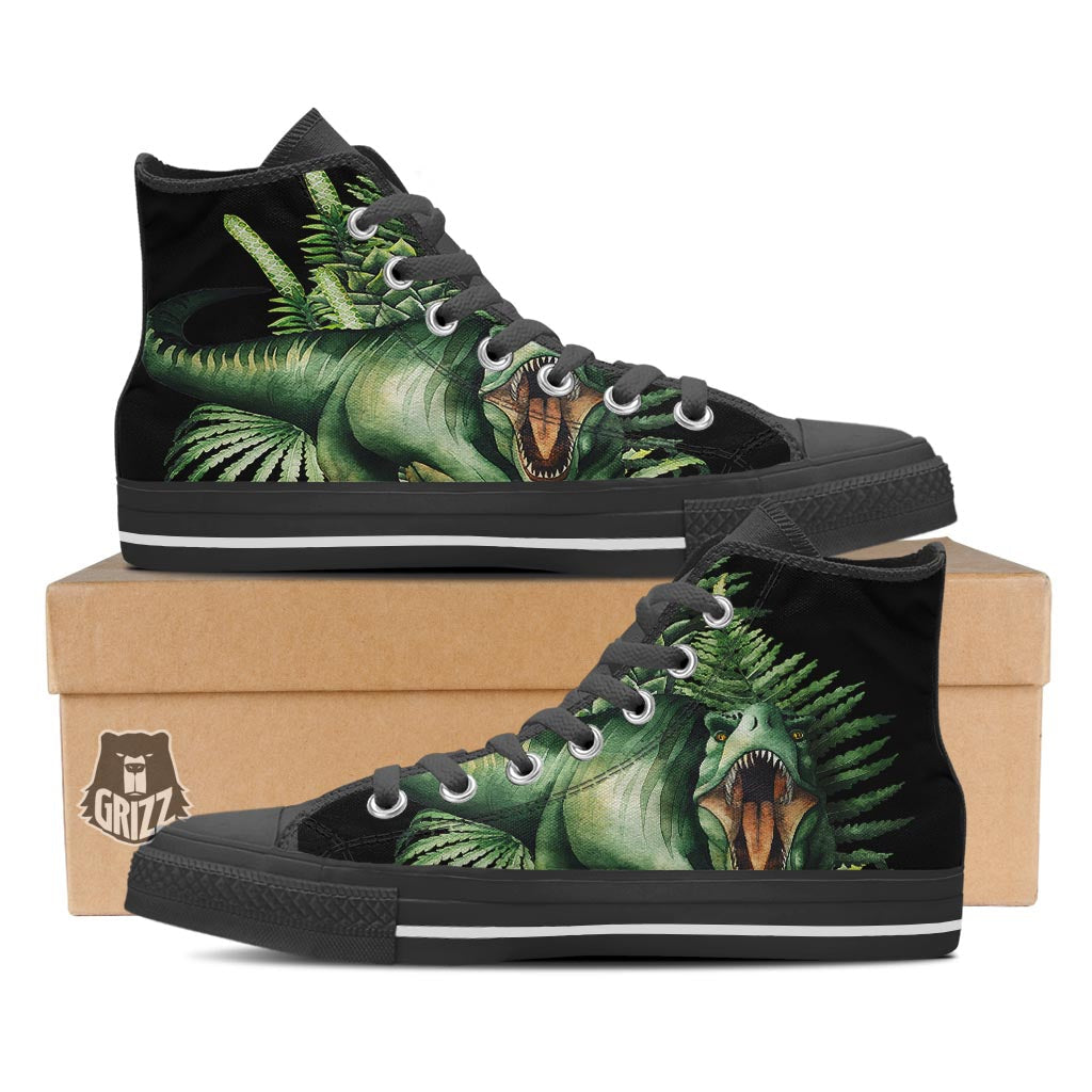 Dinosaur T Rex And Jurassic Plants Print Black High Top Shoes