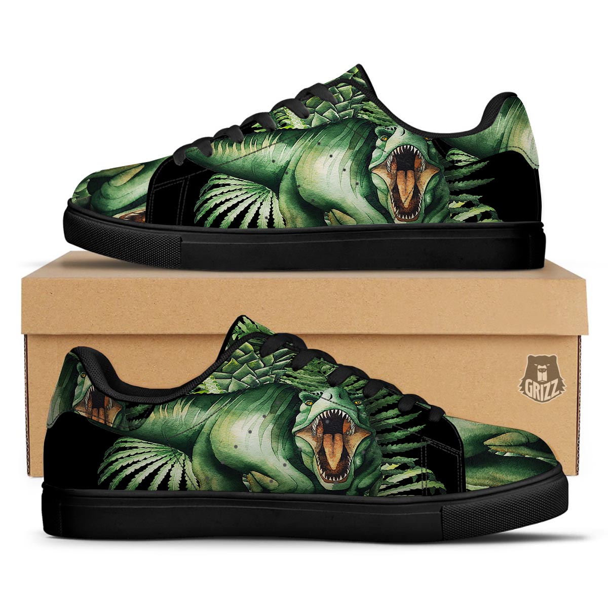 Dinosaur T Rex And Jurassic Plants Print Black Low Top Sneakers