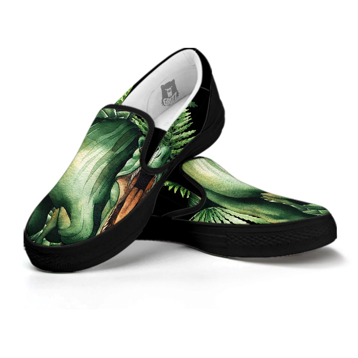 Dinosaur T Rex And Jurassic Plants Print Black Slip On Shoes