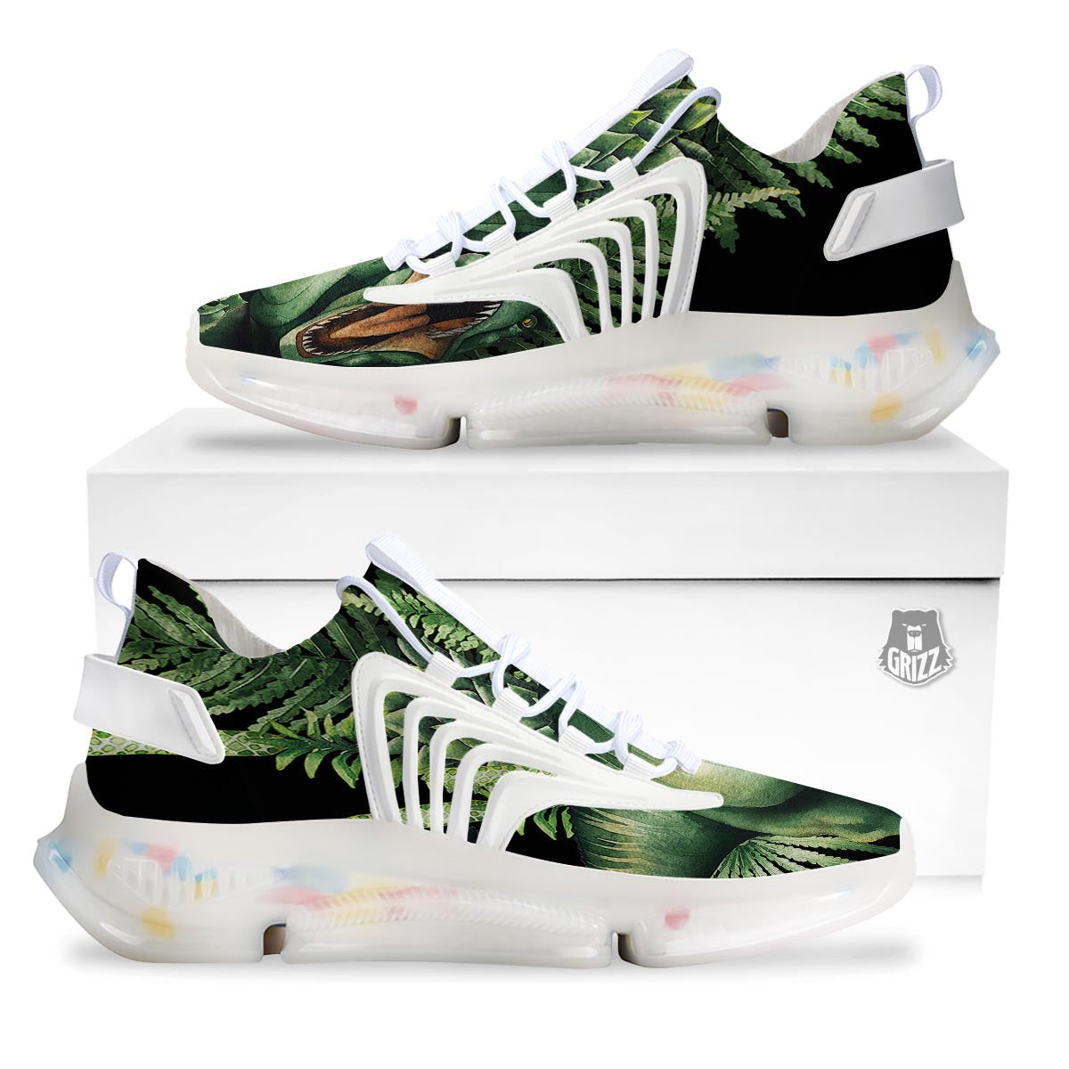 Dinosaur T Rex And Jurassic Plants Print White Gym Shoes