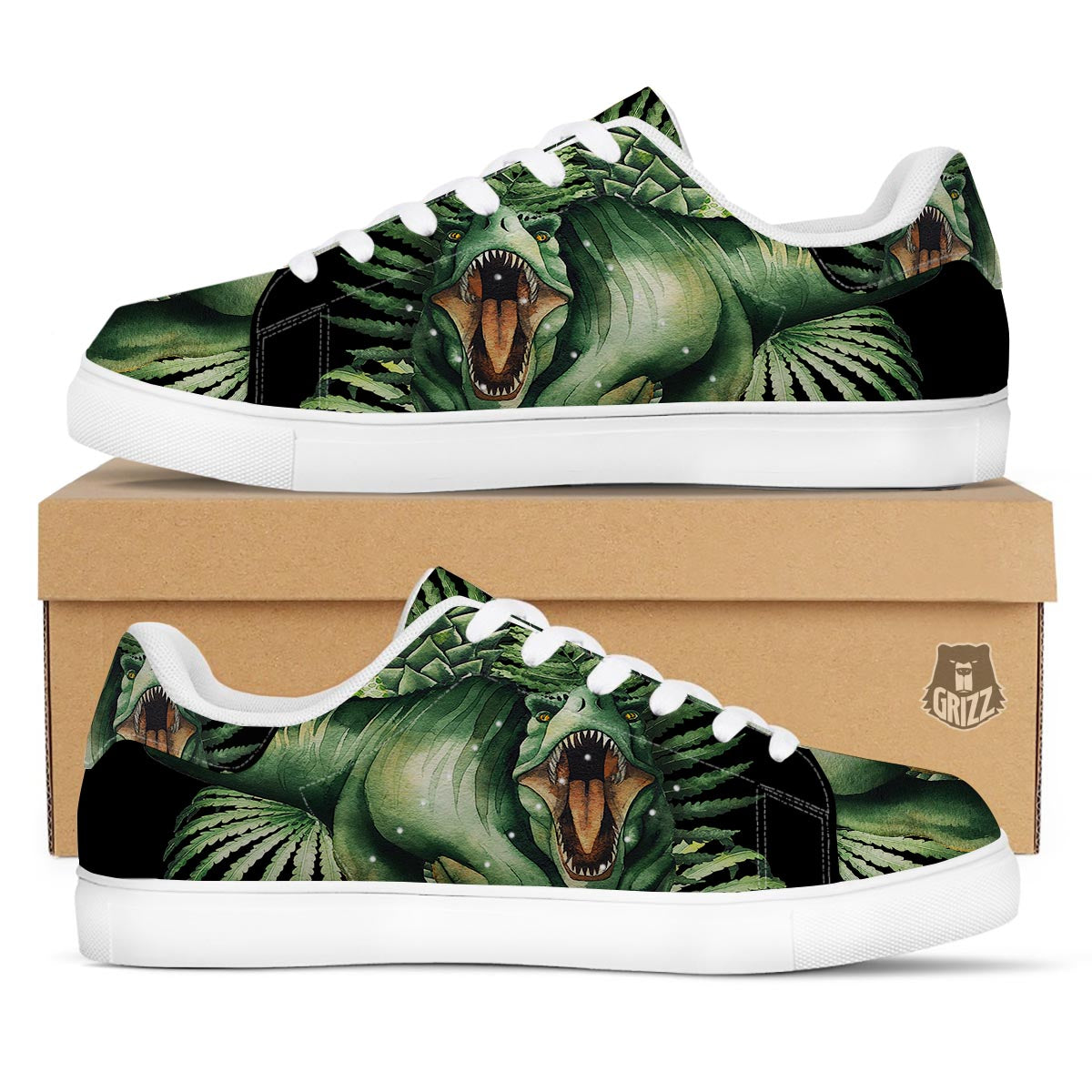 Dinosaur T Rex And Jurassic Plants Print White Low Top Sneakers