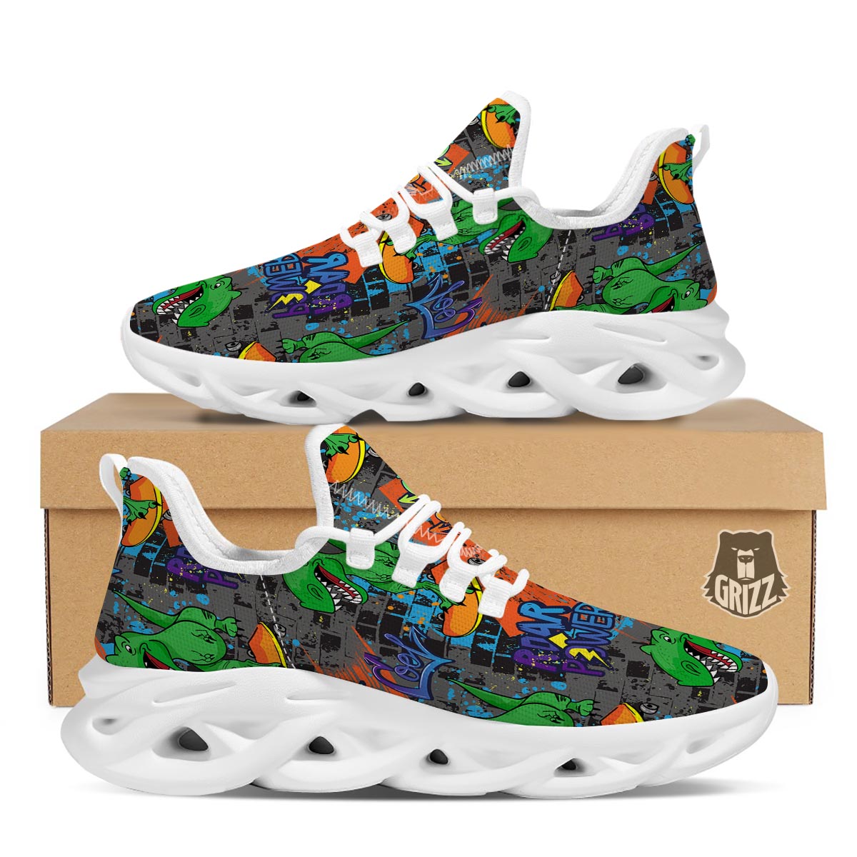 Dinosaur T-rex Graffiti Print White Running Shoes