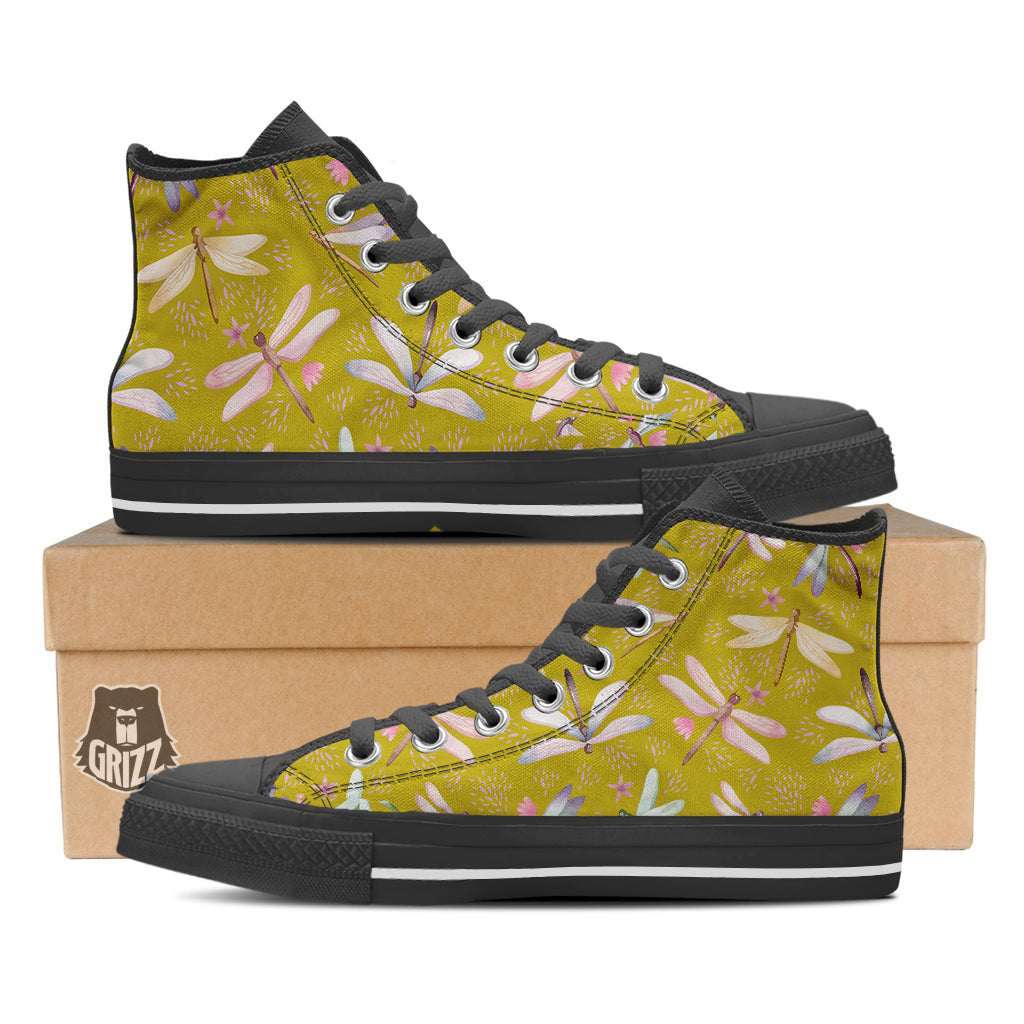 Dragonfly Yellow Watercolor Print Pattern Black High Top Shoes