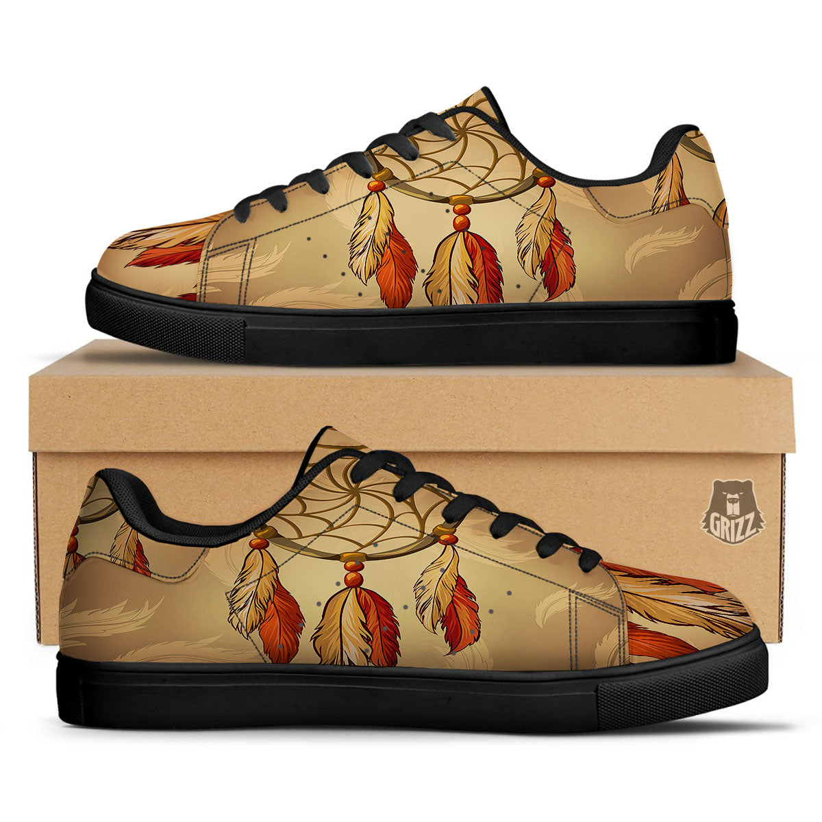 Dream Catcher Native American Print Black Low Top Sneakers