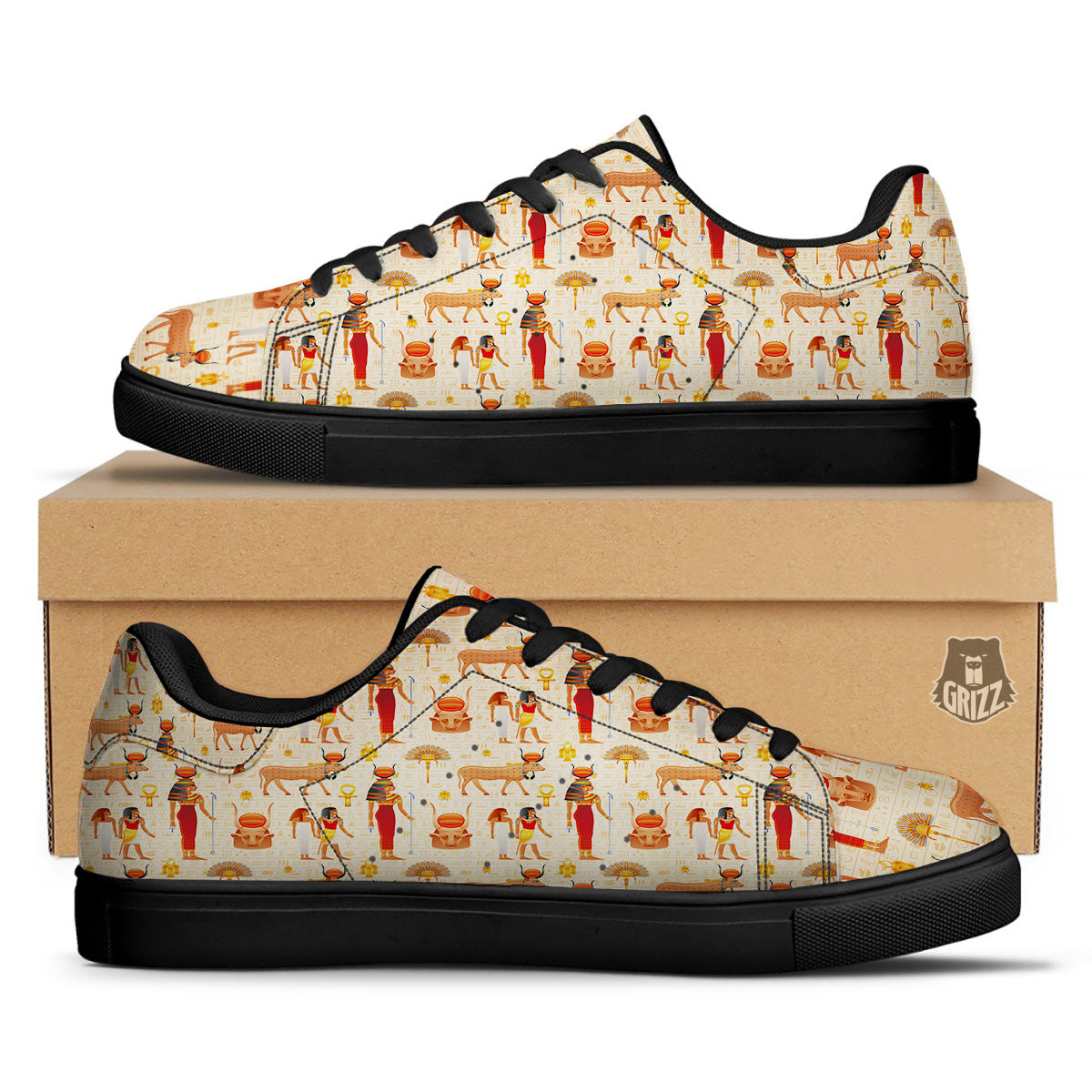 Egyptian Cow Hathor Goddess Print Pattern Black Low Top Sneakers